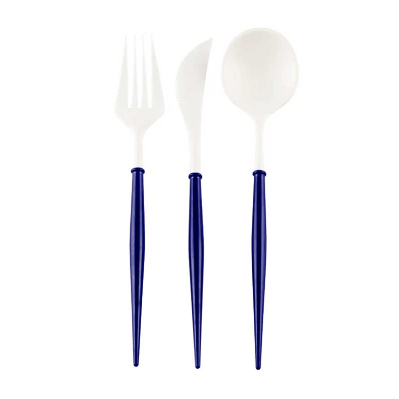 Set de Cubiertos de Plástico Reusable en Color Azul Marino y Blanco 24 ...