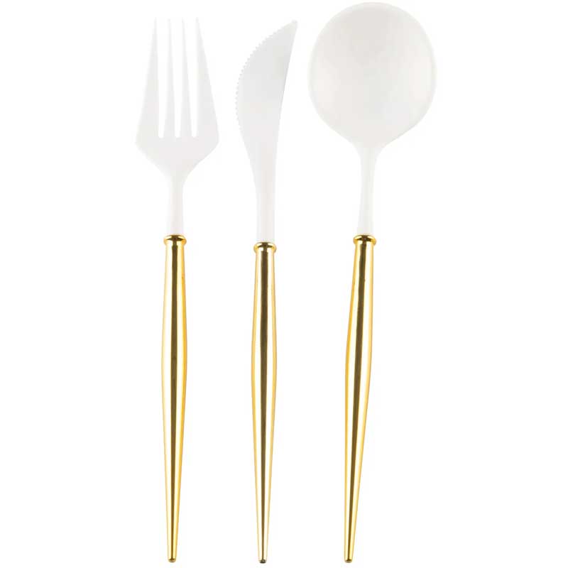 Set de Cubiertos de Plástico Reusable en Color Blanco y Dorado 36 uds ...